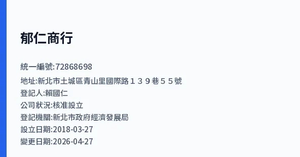 郁仁商行的照片-統編 72868698(新北市) 公司登記資料與營業項目詳細圖表