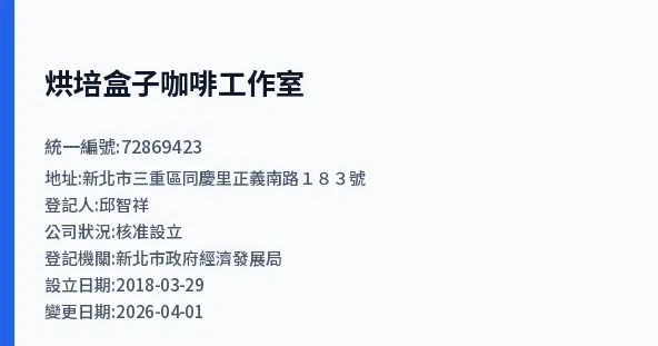 烘培盒子咖啡工作室的照片-統編 72869423(新北市) 公司登記資料與營業項目詳細圖表