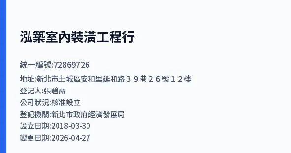 泓築室內裝潢工程行的照片-統編 72869726(新北市) 公司登記資料與營業項目詳細圖表