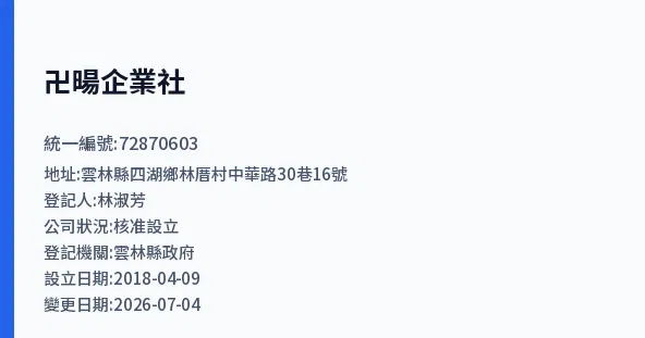 卍暘企業社的照片-統編 72870603(雲林縣) 公司登記資料與營業項目詳細圖表