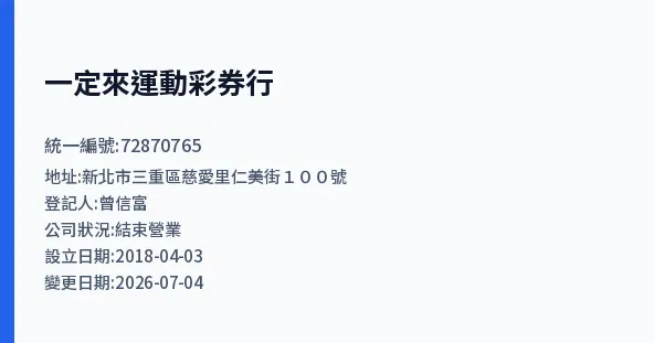 一定來運動彩券行的照片-統編 72870765(新北市) 公司登記資料與營業項目詳細圖表
