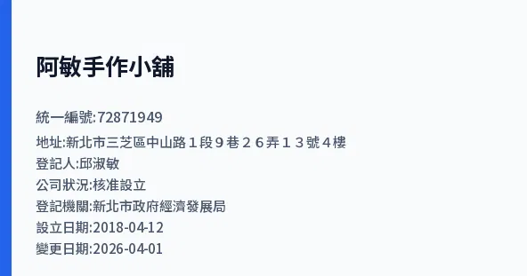 阿敏手作小舖的照片-統編 72871949(新北市) 公司登記資料與營業項目詳細圖表