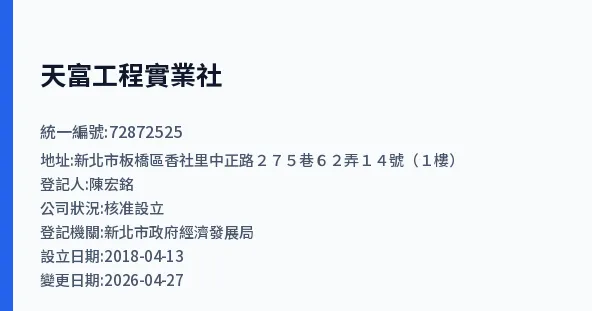 天富工程實業社的照片-統編 72872525(新北市) 公司登記資料與營業項目詳細圖表