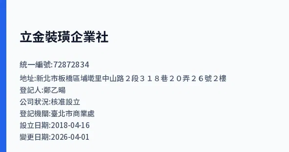立金裝璜企業社的照片-統編 72872834(新北市) 公司登記資料與營業項目詳細圖表