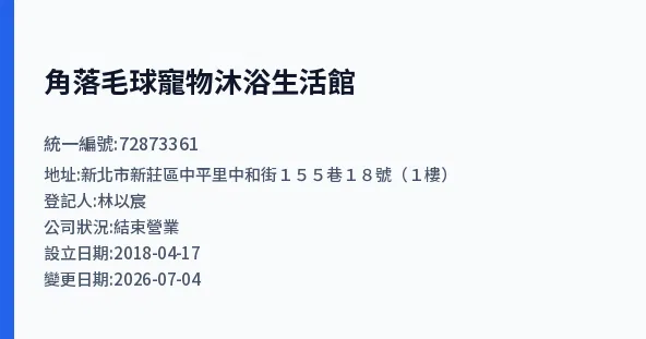角落毛球寵物沐浴生活館的照片-統編 72873361(新北市) 公司登記資料與營業項目詳細圖表