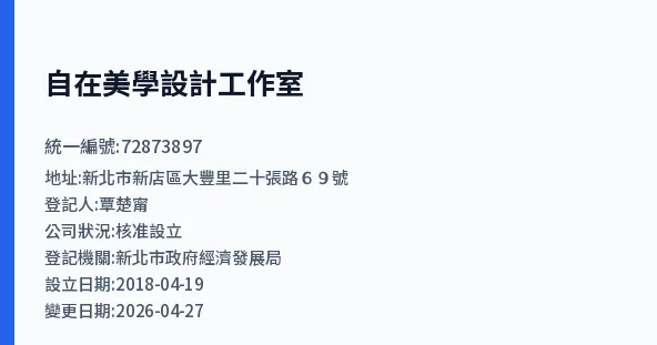 自在美學設計工作室的照片-統編 72873897(新北市) 公司登記資料與營業項目詳細圖表