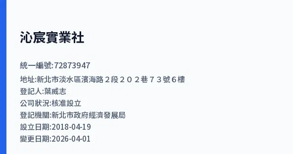 沁宸實業社的照片-統編 72873947(新北市) 公司登記資料與營業項目詳細圖表