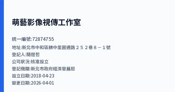 萌藝影像視傳工作室的照片-統編 72874755(新北市) 公司登記資料與營業項目詳細圖表