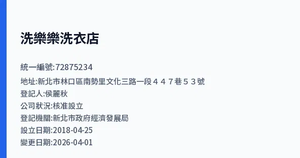 洗樂樂洗衣店的照片-統編 72875234(新北市) 公司登記資料與營業項目詳細圖表