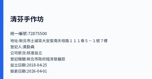 清芬手作坊的照片-統編 72875500(新北市) 公司登記資料與營業項目詳細圖表
