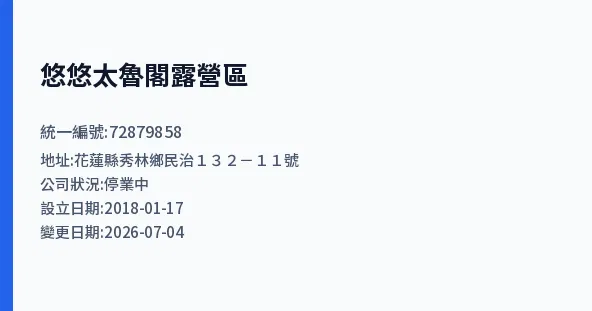 悠悠太魯閣露營區的照片-統編 72879858(花蓮縣) 公司登記資料與營業項目詳細圖表