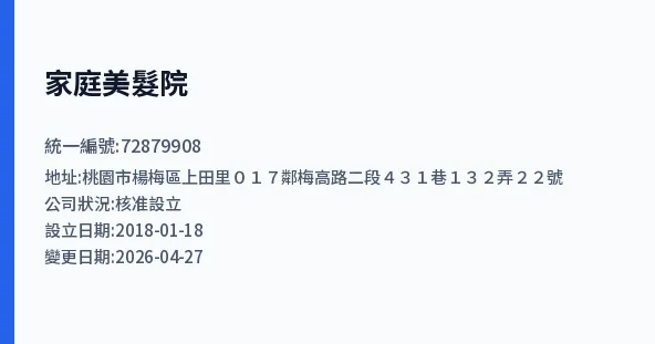 家庭美髮院的照片-統編 72879908(桃園市) 公司登記資料與營業項目詳細圖表