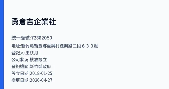 勇倉吉企業社的照片-統編 72882050(新竹縣) 公司登記資料與營業項目詳細圖表
