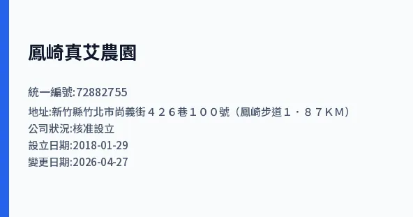 鳳崎真艾農園的照片-統編 72882755(新竹縣) 公司登記資料與營業項目詳細圖表