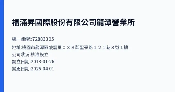 福滿昇國際股份有限公司龍潭營業所的照片-統編 72883305(桃園市) 公司登記資料與營業項目詳細圖表