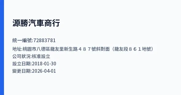 源勝汽車商行的照片-統編 72883781(桃園市) 公司登記資料與營業項目詳細圖表