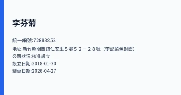 李芬菊的照片-統編 72883852(新竹縣) 公司登記資料與營業項目詳細圖表