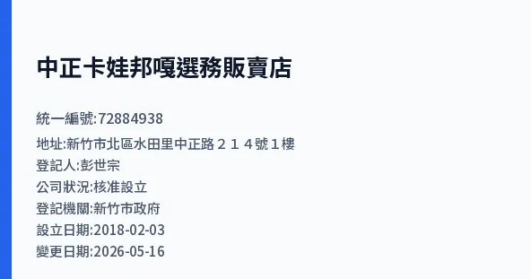 中正卡娃邦嘎選務販賣店的照片-統編 72884938(新竹市) 公司登記資料與營業項目詳細圖表