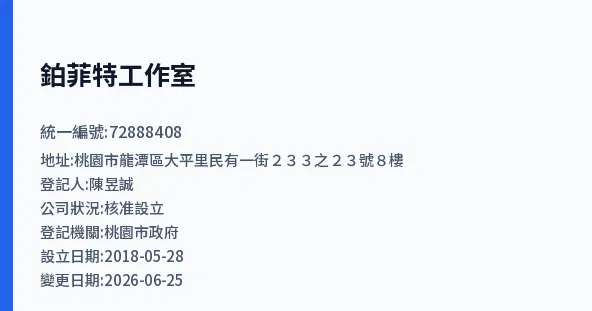 鉑菲特工作室的照片-統編 72888408(桃園市) 公司登記資料與營業項目詳細圖表