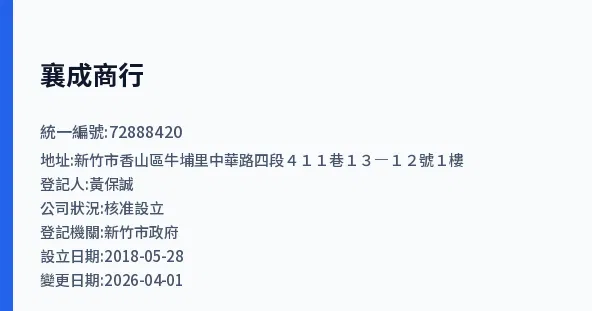 襄成商行的照片-統編 72888420(新竹市) 公司登記資料與營業項目詳細圖表