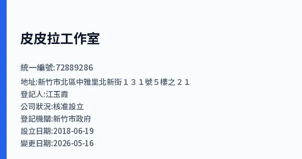 皮皮拉工作室的照片-統編 72889286(新竹市) 公司登記資料與營業項目詳細圖表