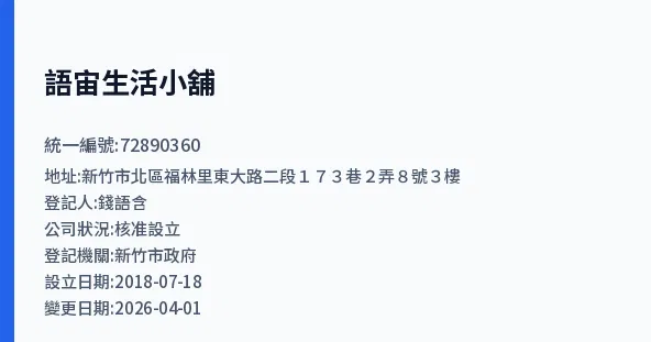 語宙生活小舖的照片-統編 72890360(新竹市) 公司登記資料與營業項目詳細圖表