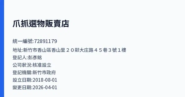 爪抓選物販賣店的照片-統編 72891179(新竹市) 公司登記資料與營業項目詳細圖表