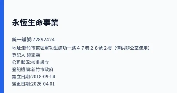 永恆生命事業的照片-統編 72892424(新竹市) 公司登記資料與營業項目詳細圖表