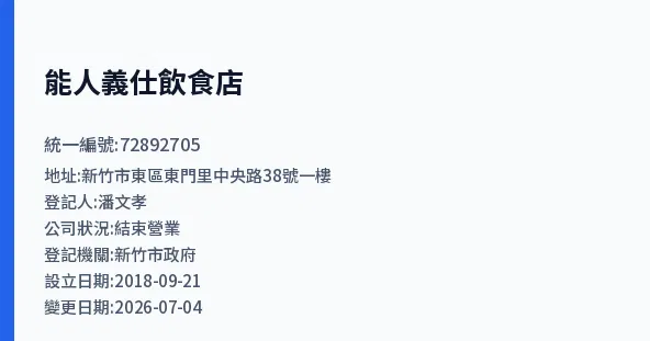 能人義仕飲食店的照片-統編 72892705(新竹市) 公司登記資料與營業項目詳細圖表