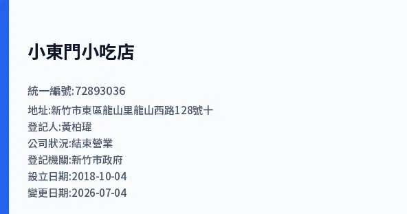 小東門小吃店的照片-統編 72893036(新竹市) 公司登記資料與營業項目詳細圖表