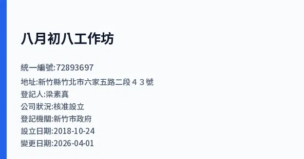 八月初八工作坊的照片-統編 72893697(新竹縣) 公司登記資料與營業項目詳細圖表