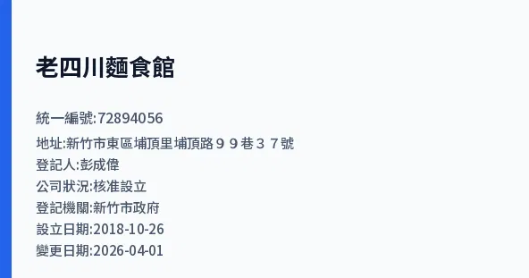 老四川麵食館的照片-統編 72894056(新竹市) 公司登記資料與營業項目詳細圖表