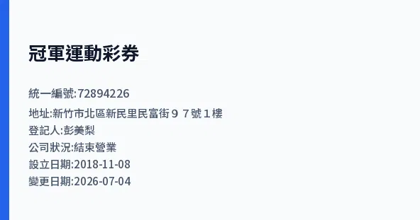 冠軍運動彩券的照片-統編 72894226(新竹市) 公司登記資料與營業項目詳細圖表