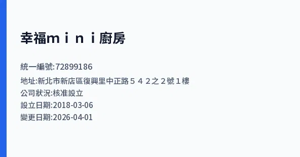 幸福mini廚房的照片-統編 72899186(新北市) 公司登記資料與營業項目詳細圖表