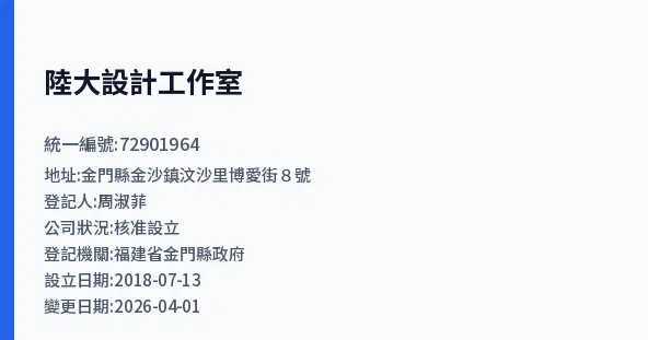 陸大設計工作室的照片-統編 72901964(金門縣) 公司登記資料與營業項目詳細圖表