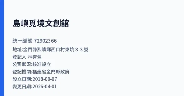 島嶼覓境文創舘的照片-統編 72902366(金門縣) 公司登記資料與營業項目詳細圖表