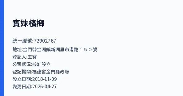 寶妹檳榔的照片-統編 72902767(金門縣) 公司登記資料與營業項目詳細圖表