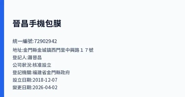 晉昌手機包膜的照片-統編 72902942(金門縣) 公司登記資料與營業項目詳細圖表