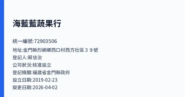 海藍藍蔬果行的照片-統編 72903506(金門縣) 公司登記資料與營業項目詳細圖表