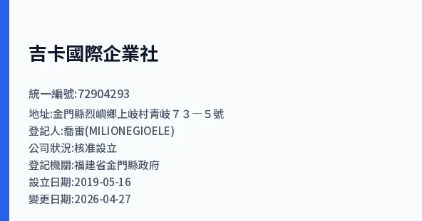吉卡國際企業社的照片-統編 72904293(金門縣) 公司登記資料與營業項目詳細圖表