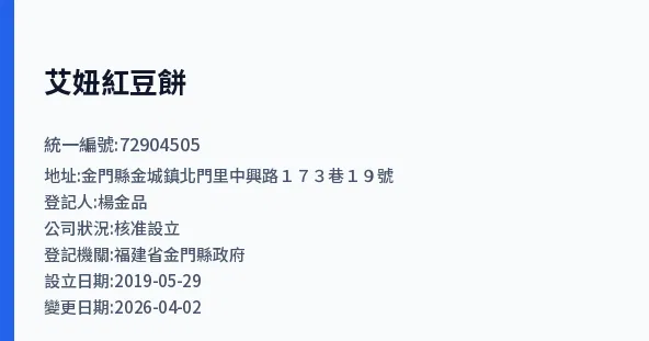 艾妞紅豆餅的照片-統編 72904505(金門縣) 公司登記資料與營業項目詳細圖表
