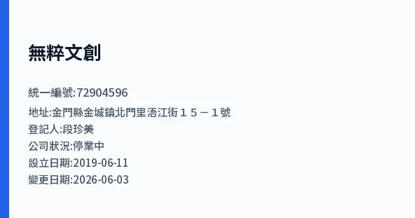 無粹文創的照片-統編 72904596(金門縣) 公司登記資料與營業項目詳細圖表