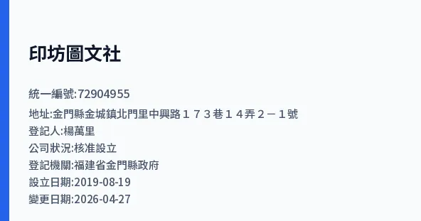 印坊圖文社的照片-統編 72904955(金門縣) 公司登記資料與營業項目詳細圖表