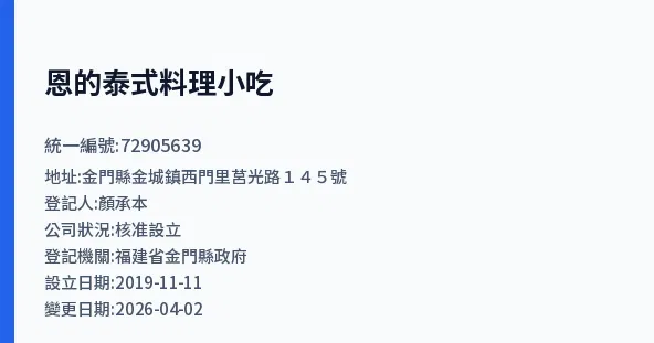 恩的泰式料理小吃的照片-統編 72905639(金門縣) 公司登記資料與營業項目詳細圖表