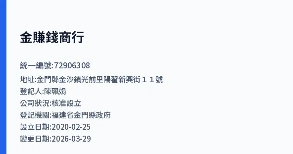 金賺錢商行的照片-統編 72906308(金門縣) 公司登記資料與營業項目詳細圖表