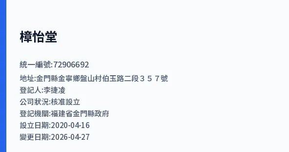 樟怡堂的照片-統編 72906692(金門縣) 公司登記資料與營業項目詳細圖表