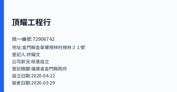 頂耀工程行的照片-統編 72906742(金門縣) 公司登記資料與營業項目詳細圖表