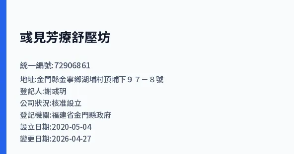 彧見芳療舒壓坊的照片-統編 72906861(金門縣) 公司登記資料與營業項目詳細圖表