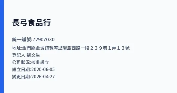 長弓食品行的照片-統編 72907030(金門縣) 公司登記資料與營業項目詳細圖表
