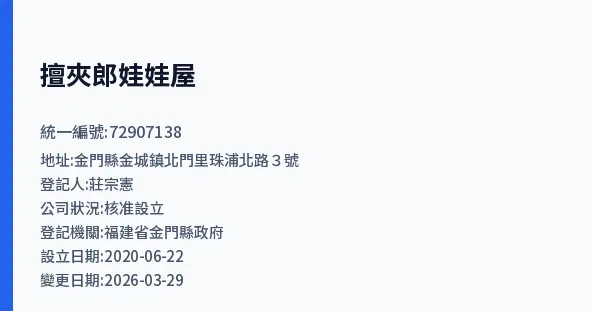 擅夾郎娃娃屋的照片-統編 72907138(金門縣) 公司登記資料與營業項目詳細圖表